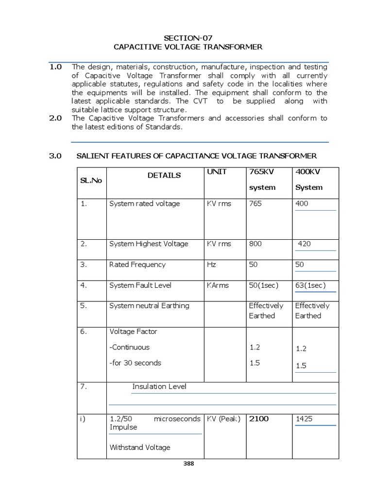 Capacitive Voltage Transformer - Specification | PDF | Capacitor | Transformer