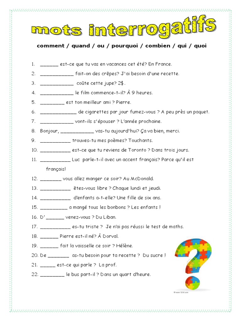 Exercices sur les mots interrogatifs | PDF | Jeux et activités | Maison ...