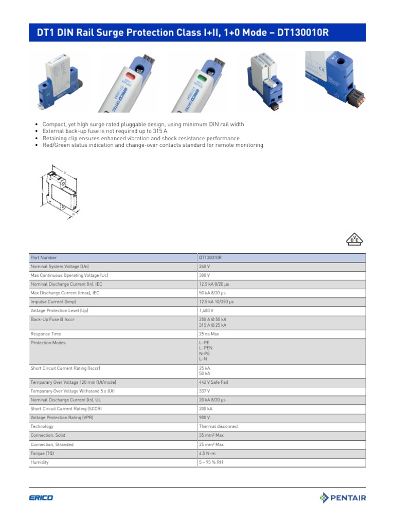 DT1 DIN Rail Surge Protection Class I+II, 1+0 Mode - DT130010R | PDF ...