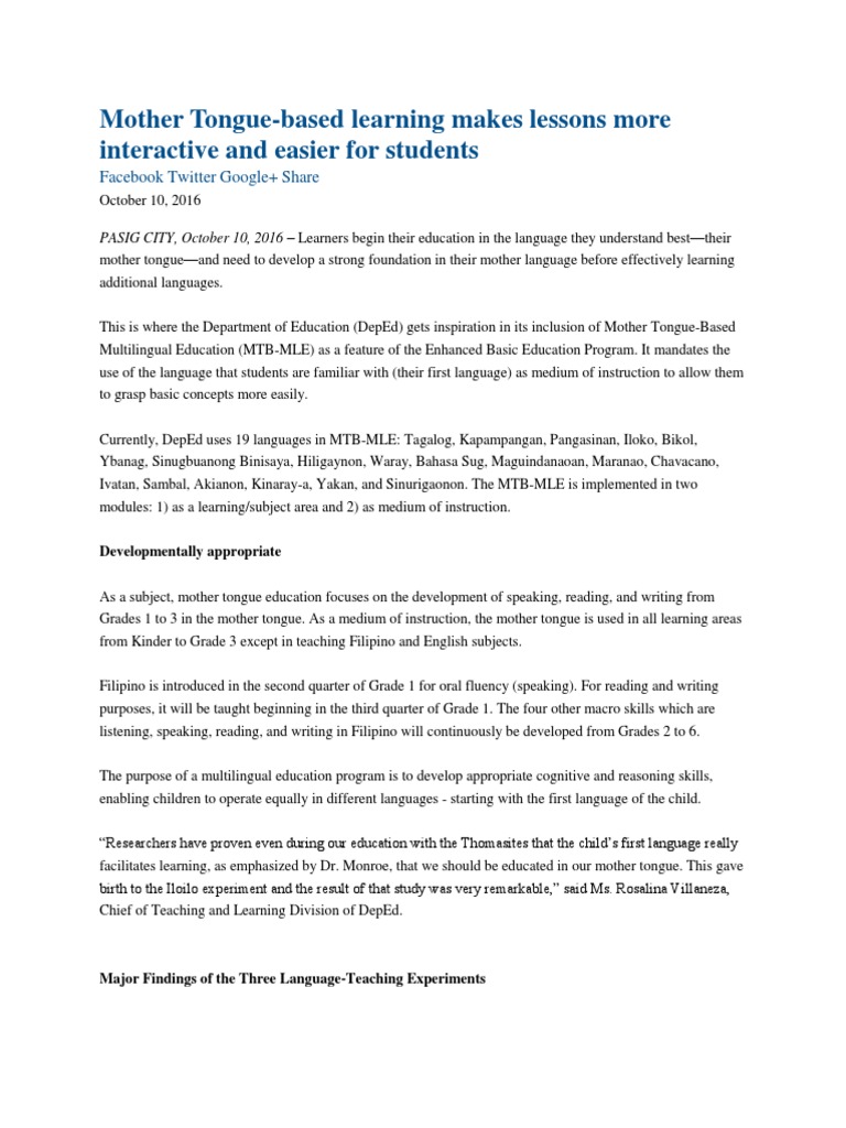 Mother Tongue-Based Learning Makes Lessons More Interactive and Easier For Students | PDF ...