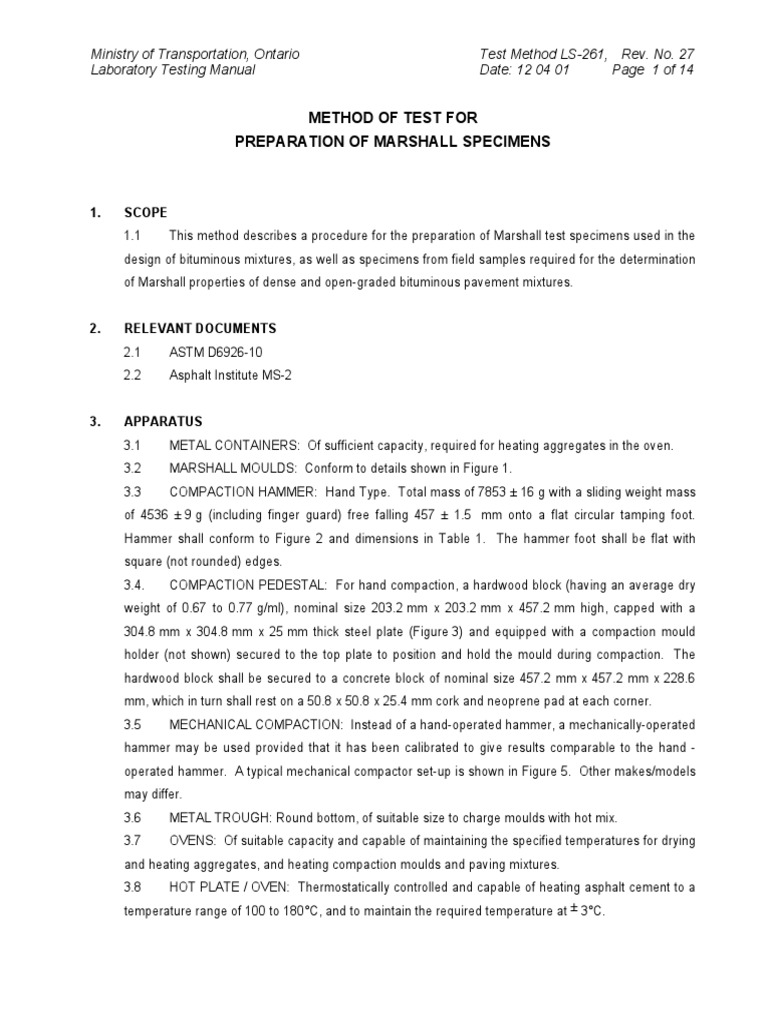 Method of Test For Preparation of Marshall Specimens | Download Free ...