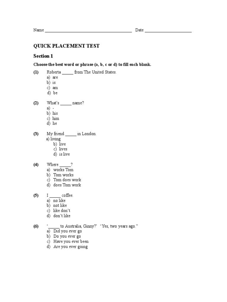 Placement Test - English (Quick) | PDF