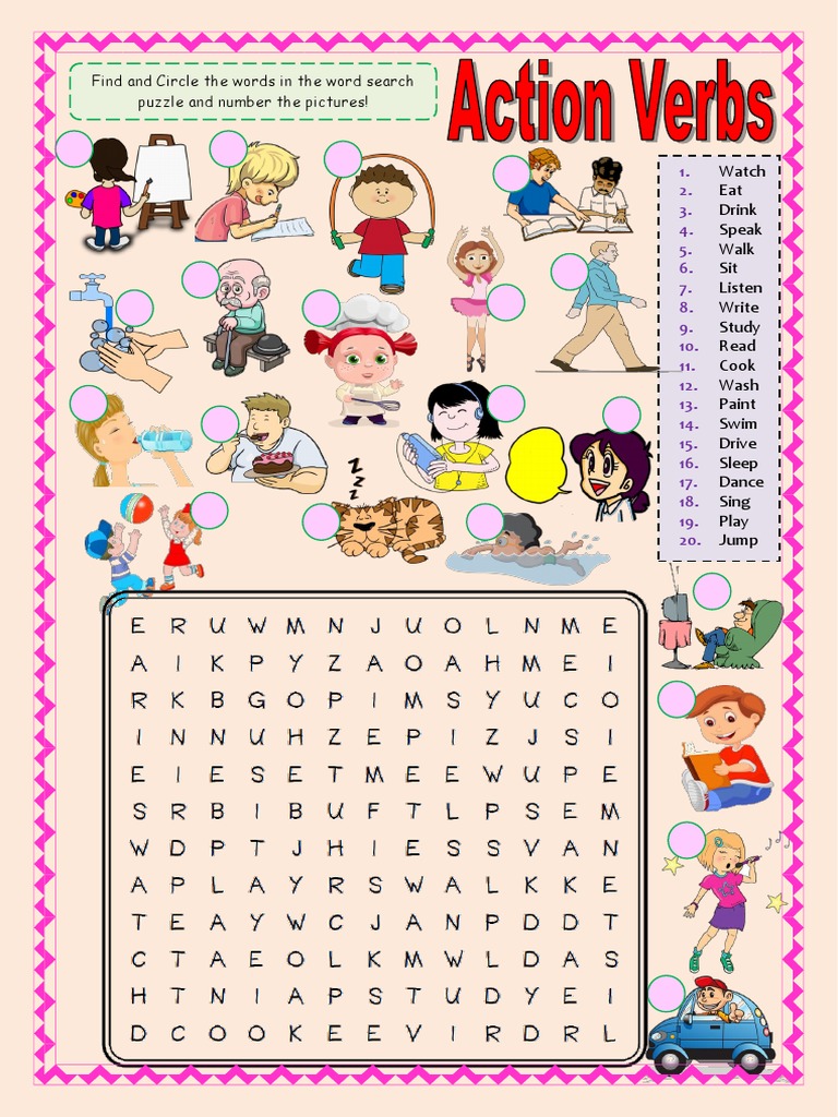 Action Verbs Wordsearches 101486 | PDF | Word Search | Linguistic Typology