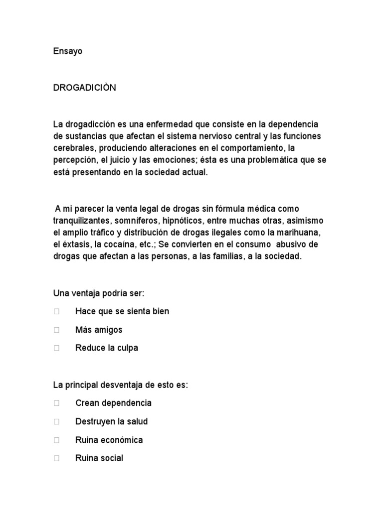 Ensayo Sobre La Drogadiccion en Los Jovenes | PDF | La dependencia de sustancias | Sistema nervioso
