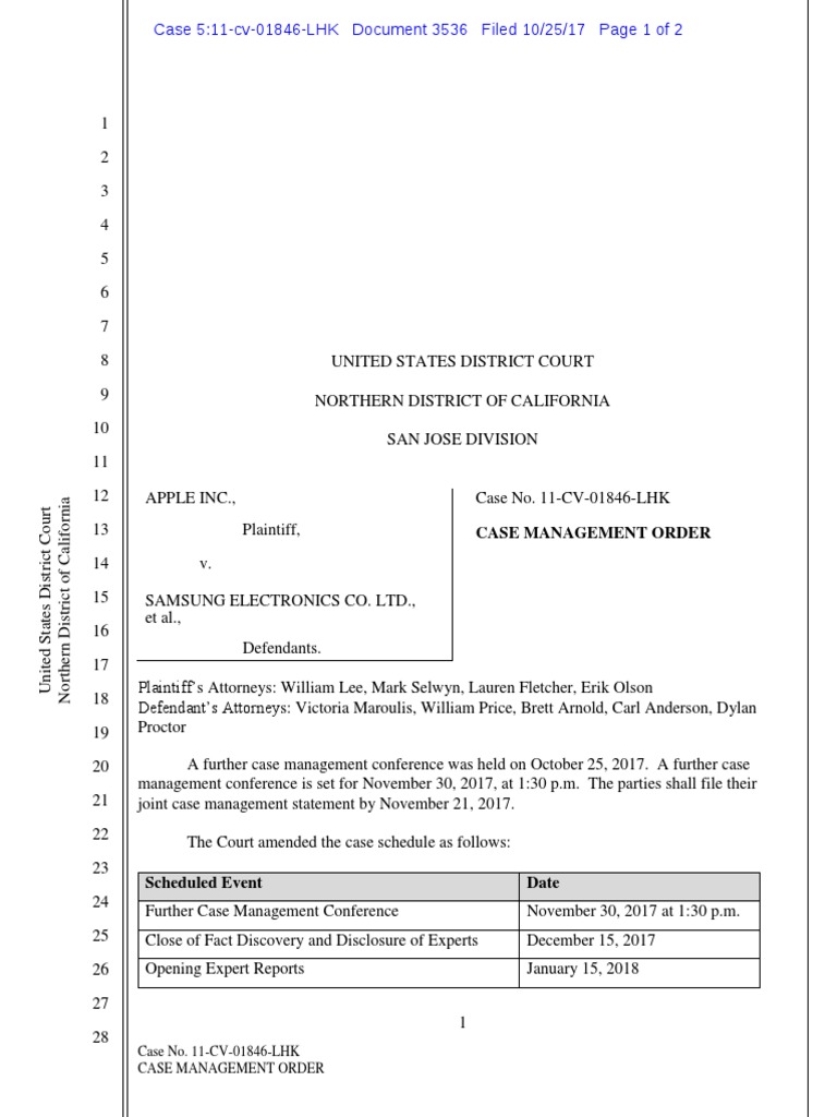 3536 - Apple v. Samsung Case Management Order | PDF | Daubert Standard | Discovery (Law)