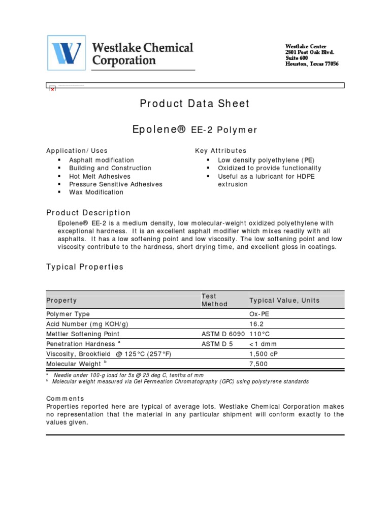 Microsoft Word Tds Epolene Ee 2 Pdf Polyethylene Polymers