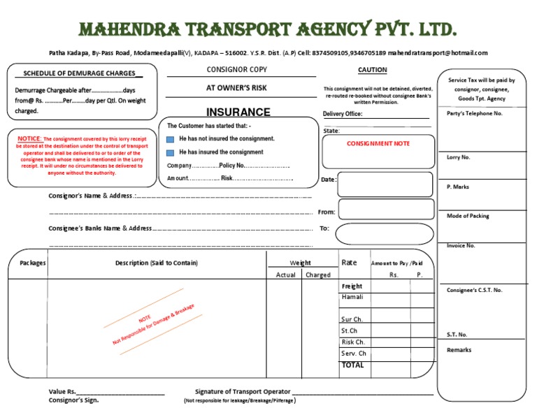 Transport Bill | Invoice | Service Industries