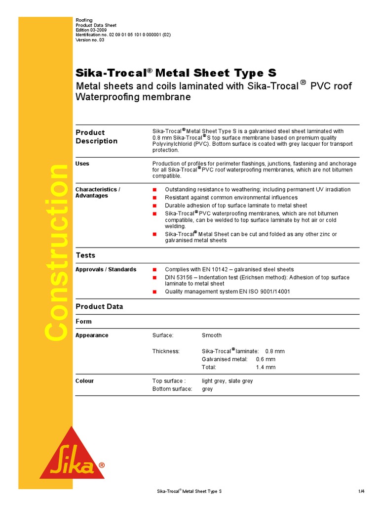 Sika-Trocal Metal Sheet Type S: Metal Sheets and Coils Laminated With ...