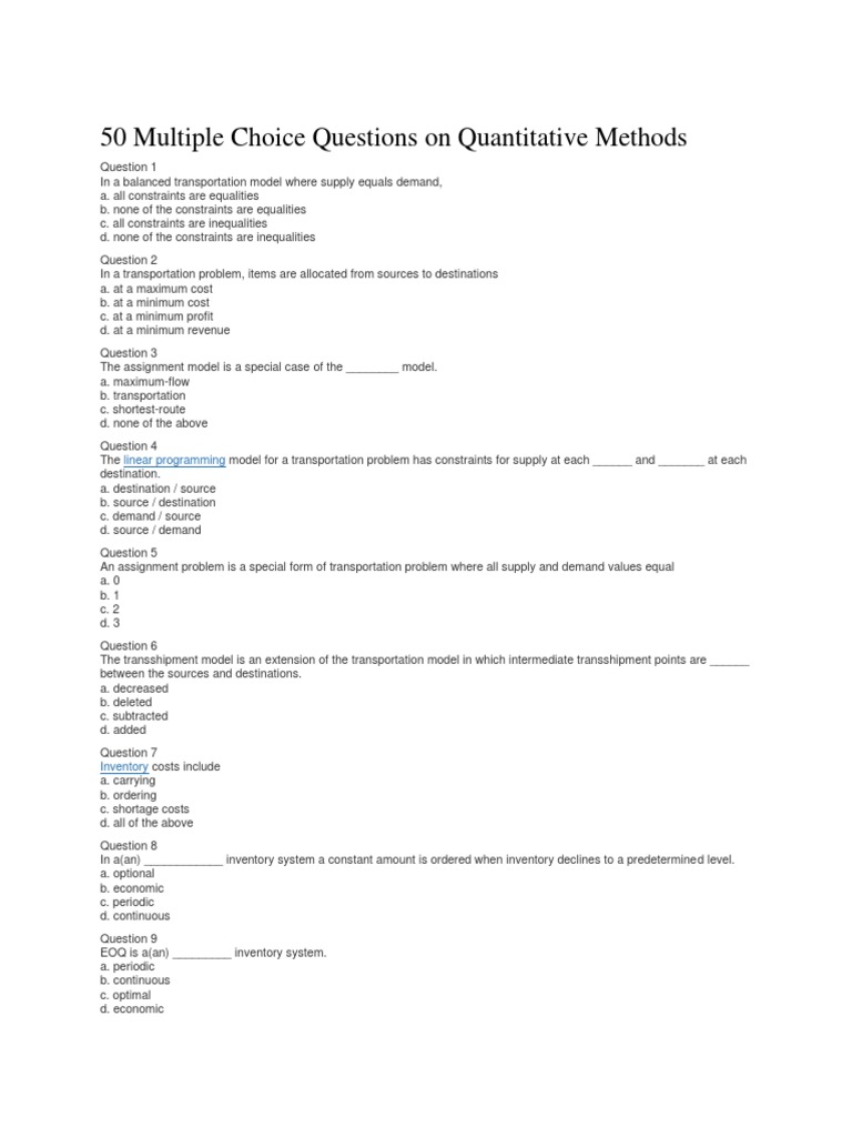 50 Multiple Choice Questions on Quantitative Methods | Moving Average ...