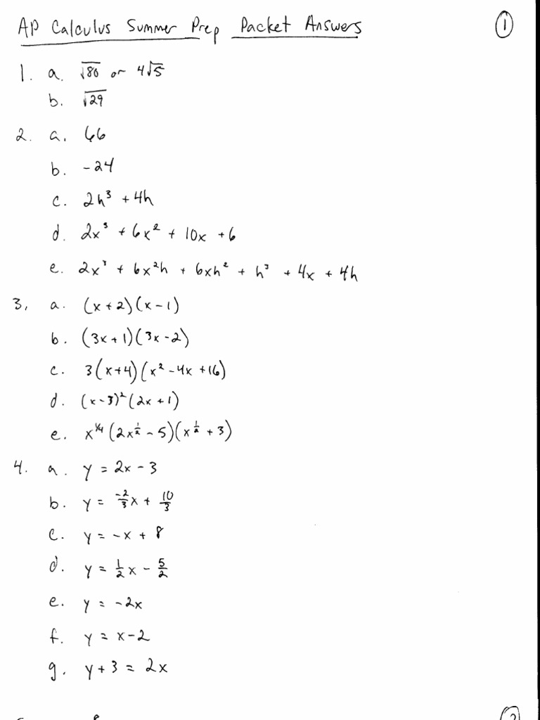 AP Calculus Summer Prep Packet Answers | PDF
