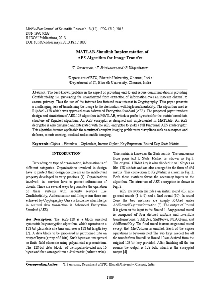 MATLAB-Simulink Implementation of AES Algorithm For Image Transfer | Download Free PDF ...
