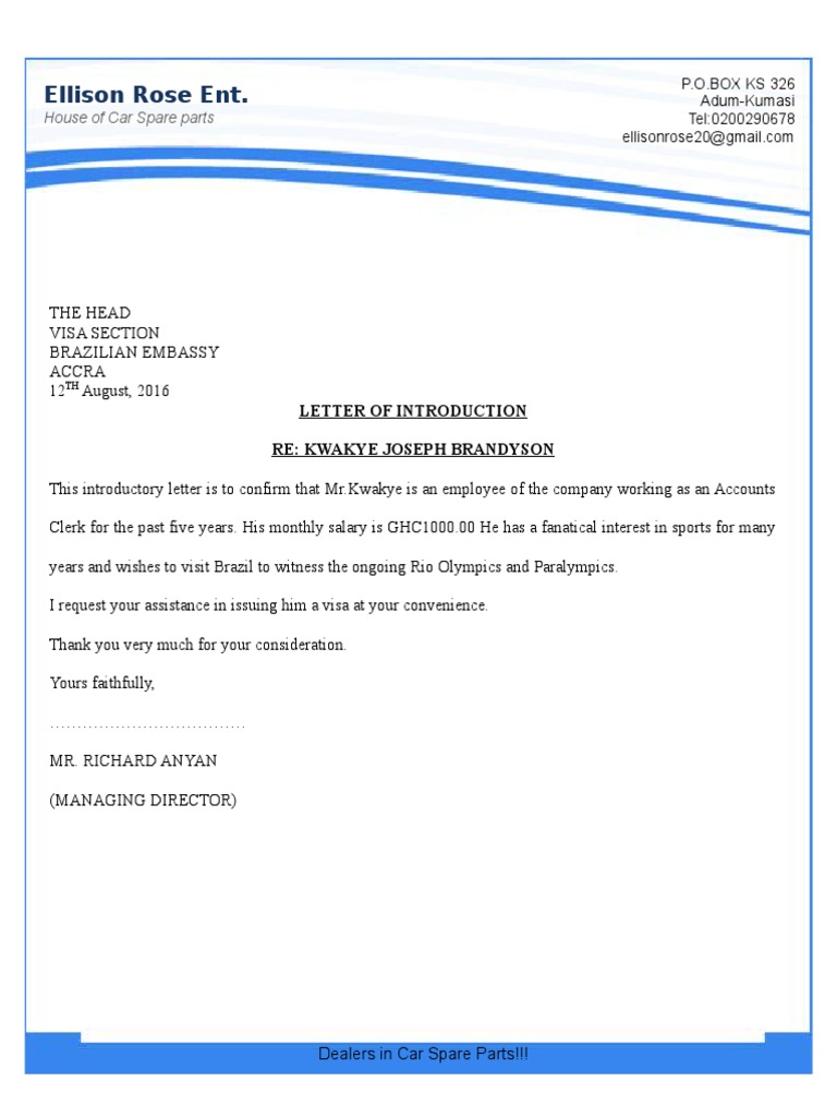 Employer Introduction Letter for Visa | PDF