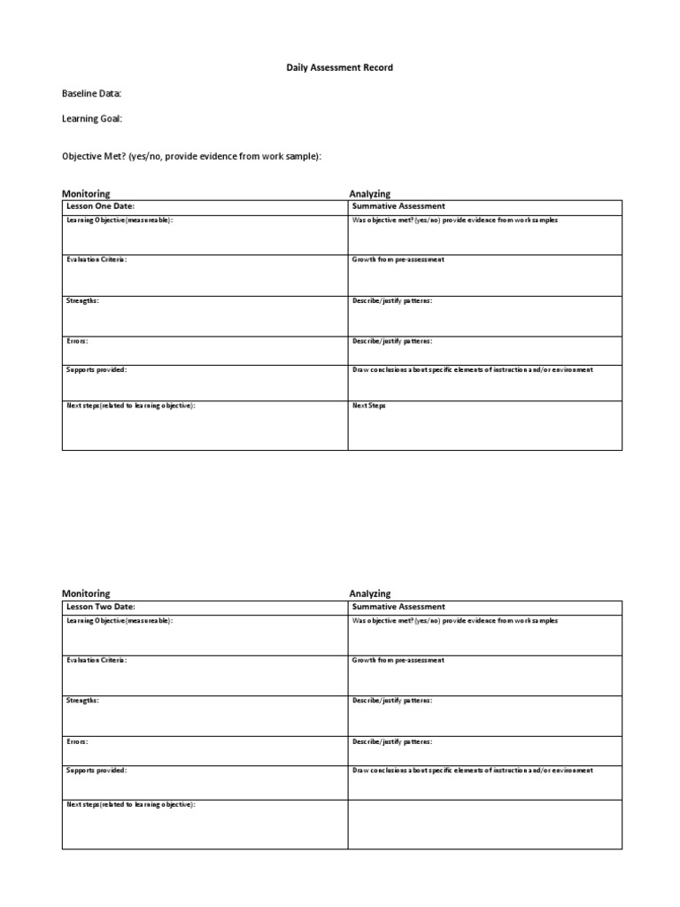 daily assessment record | Evaluation | Behavior Modification
