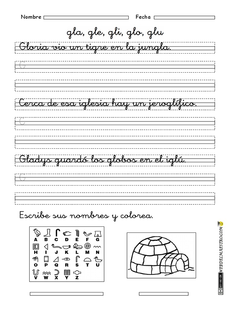 Ejercicios de Caligrafía Gla Gle Gli Glo Glu PDF | PDF