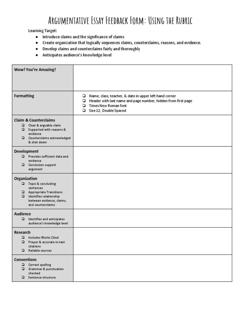 Argumentative Essay Feedback Form: Using The Rubric | PDF