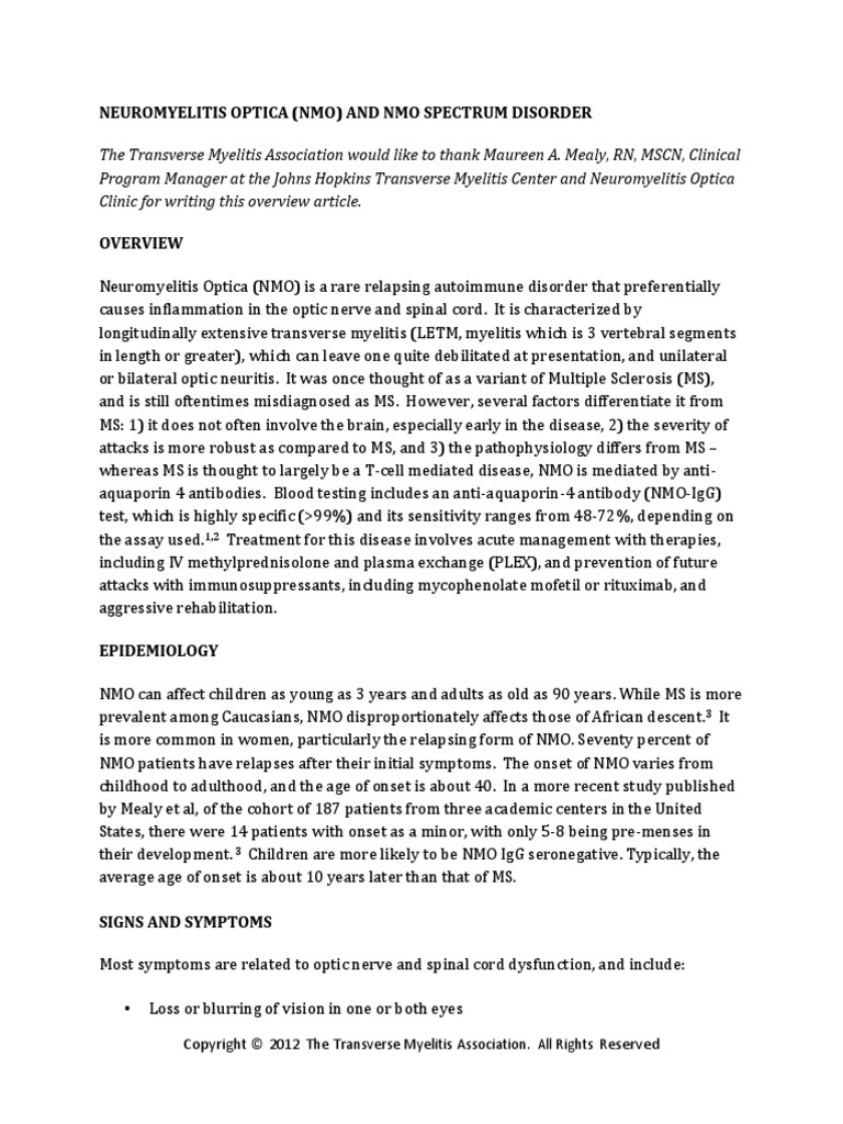 Neuromyelitis Optica (Nmo) and Nmo Spectrum Disorder | PDF | Fatigue (Medical) | Urinary ...