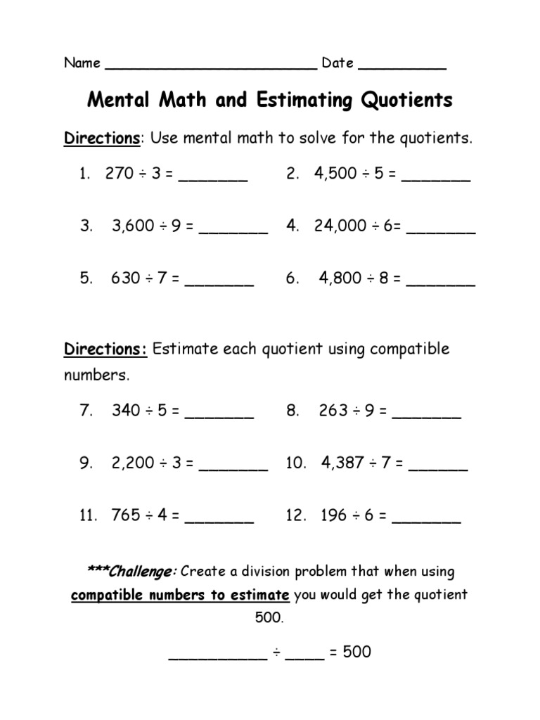 Mental Math and Estimating Quotients | PDF