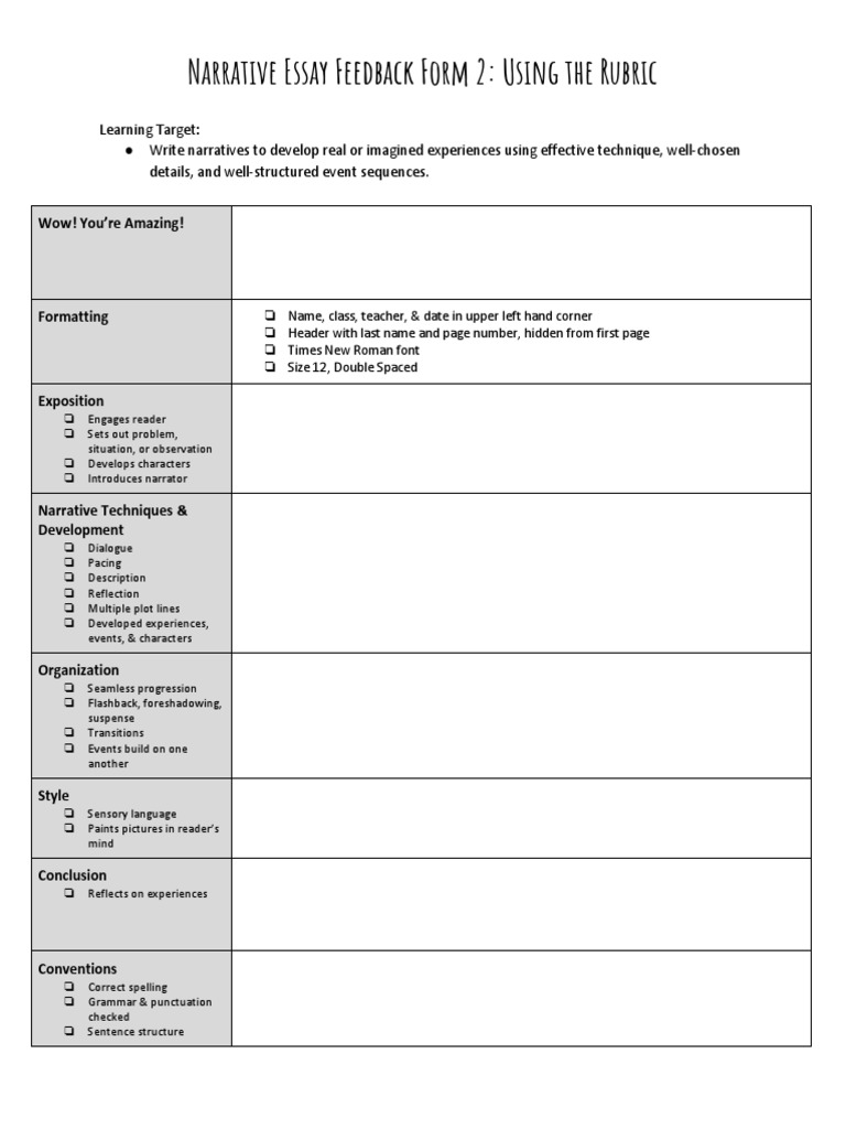 Narrative Essay Feedback Form 2: Using The Rubric | PDF