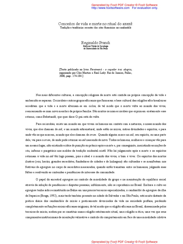 Candomblé - Conceitos de Vida E Morte No Ritual Do Axex - Reginaldo Prandi | PDF | Sacrifício ...