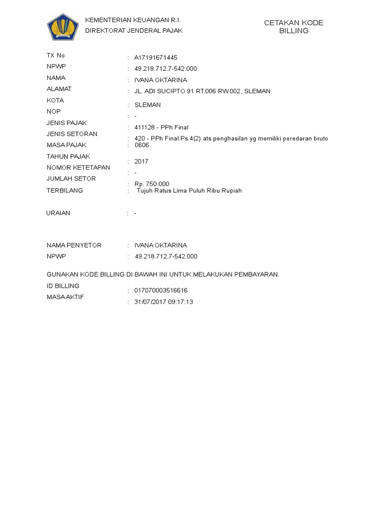 Contoh Cetakan Kode Billing