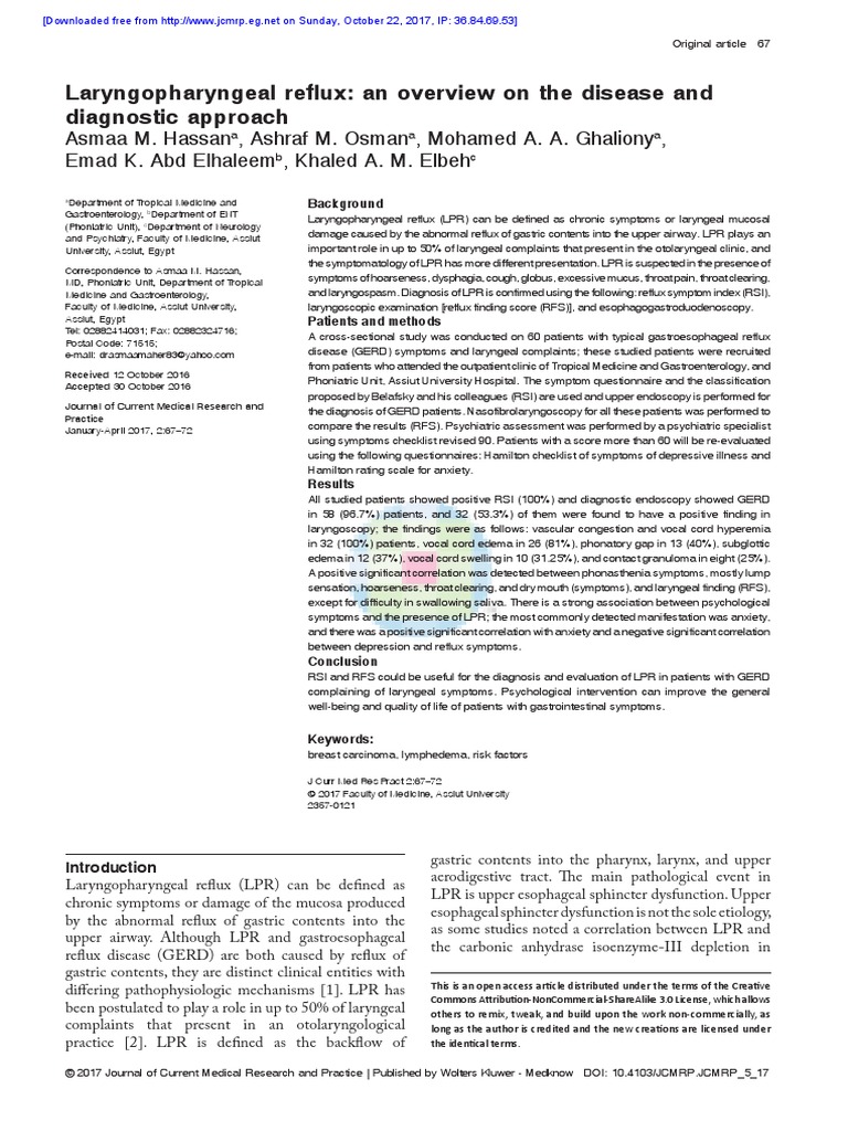 Laryngopharyngeal Reflux an Overview on the Disease and Diagnostic ...