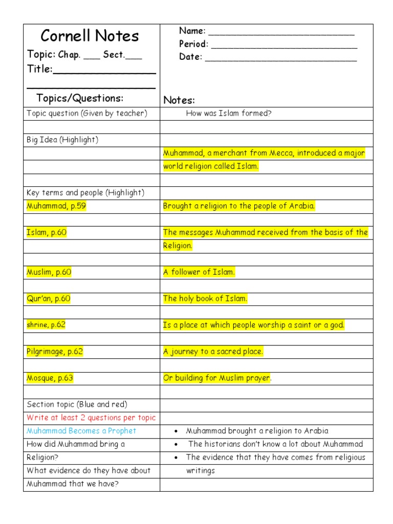 Cornell Notes: Topic: Title: - Topics/Questions: Notes | Download Free ...