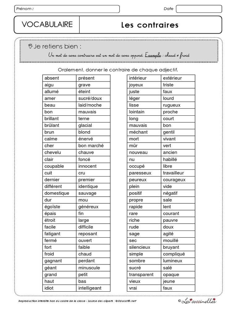 Vocabulaire Sens Oppose 1 Adjectifs | PDF