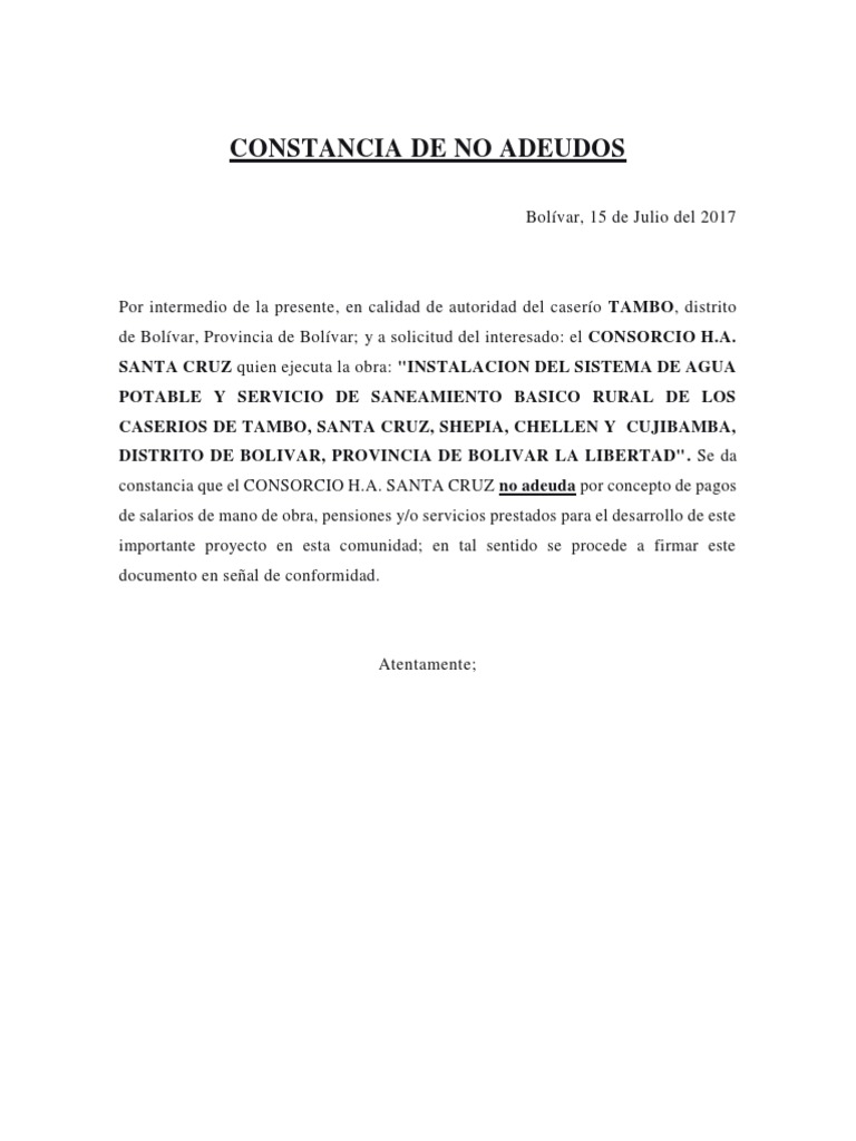 Constancia de No Adeudos | Suministro de agua | Abastecimiento de agua y saneamiento