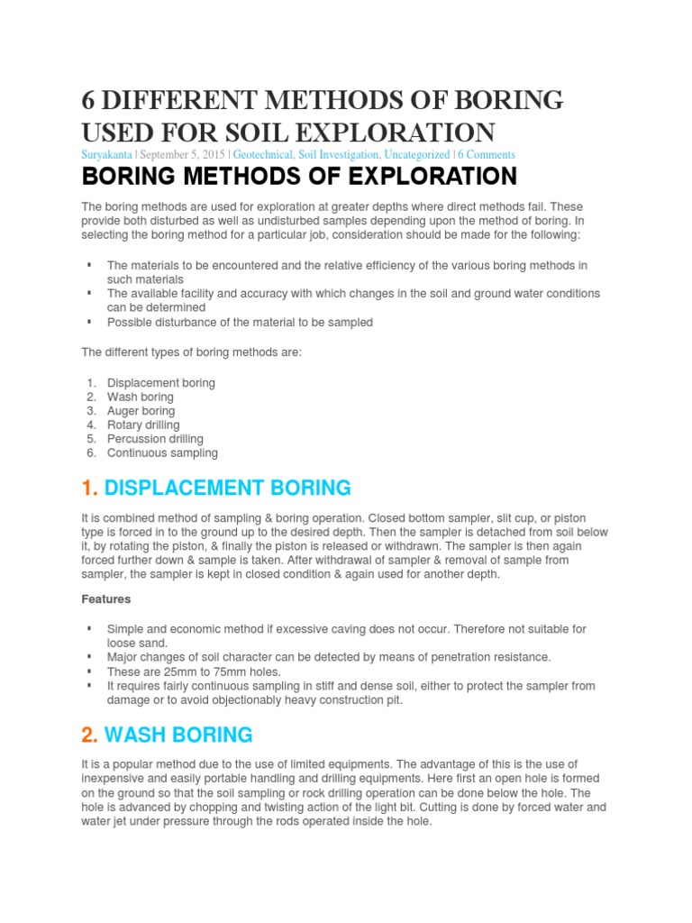 Methods of Soil Boring Techniques | PDF | Drilling | Geotechnical ...