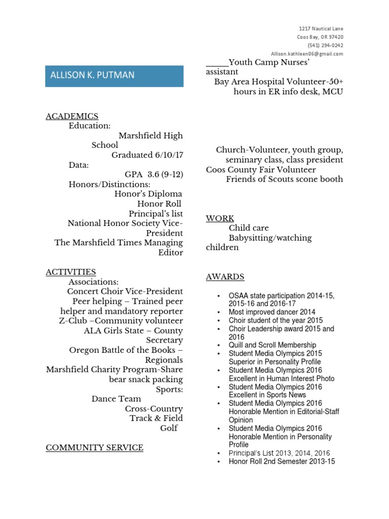 Allison K. Putman: 1217 Nautical Lane Coos Bay, OR 97420 (541) 294-0242 ...