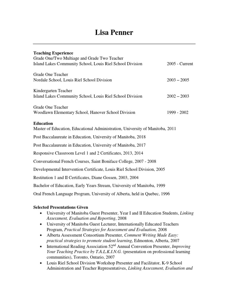 Lisa Penner Resume | PDF | Bachelor's Degree | Educational Assessment