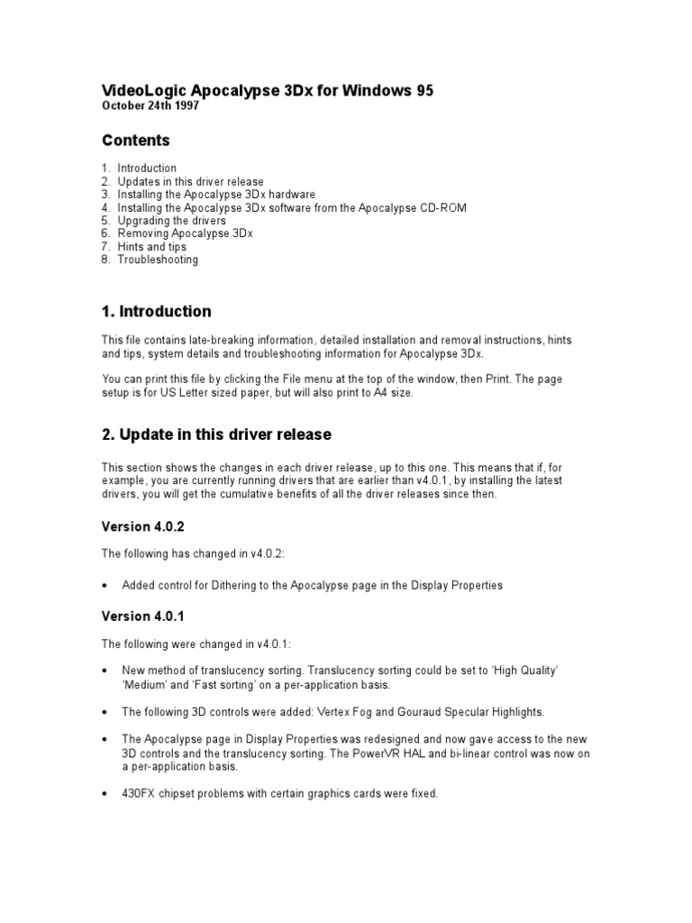 Videologic Apocalypse 3Dx For Windows 95: October 24Th 1997 | PDF | Device Driver | Bios