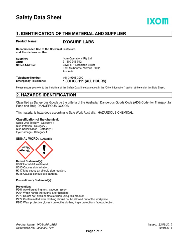 IXOSURF LABS Safety Data Sheet | PDF | Dangerous Goods | Personal ...