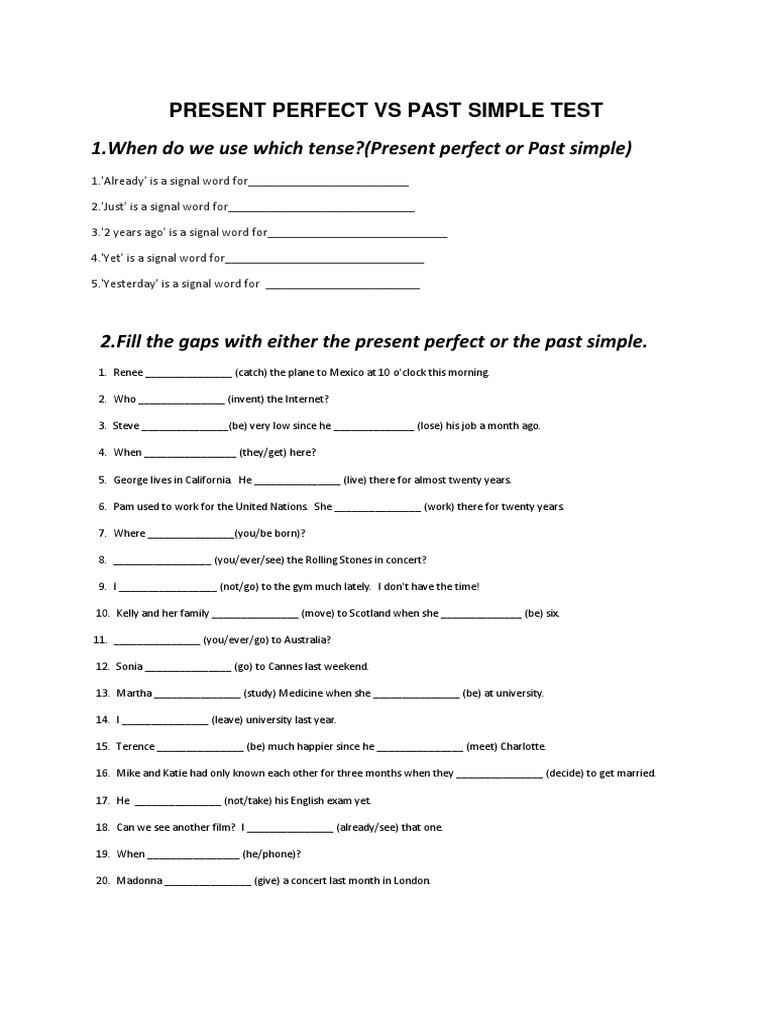 Present Perfect Vs Past Simple Test | PDF