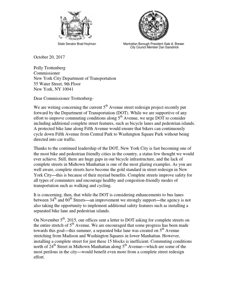2017-10-20 JNT Letter To Trottenberg Re 5th Ave Bike Lane | PDF ...