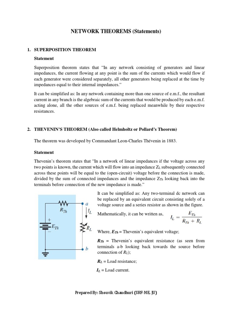 NETWORK THEOREMS (Statements): 1. Superposition Theorem Statement