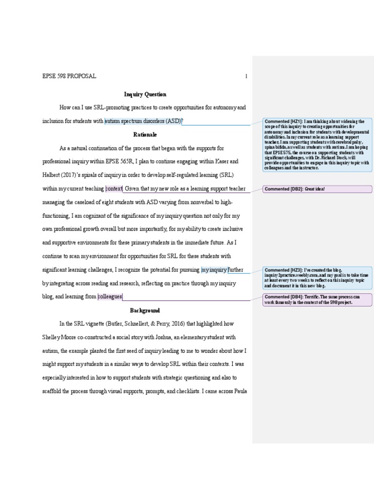 Helen Zhai Epse 598 Proposal DB | PDF | Autism | Inclusion (Education)