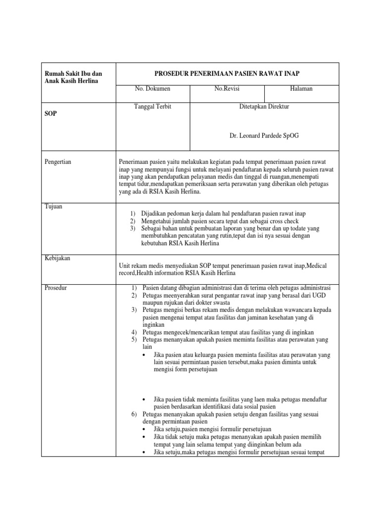 Sop Penerimaan Pasien Ranap | PDF