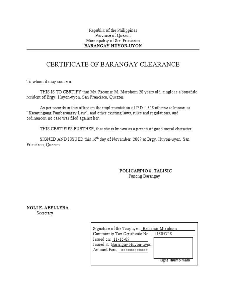 What Is Barangay Certificate Of Residency