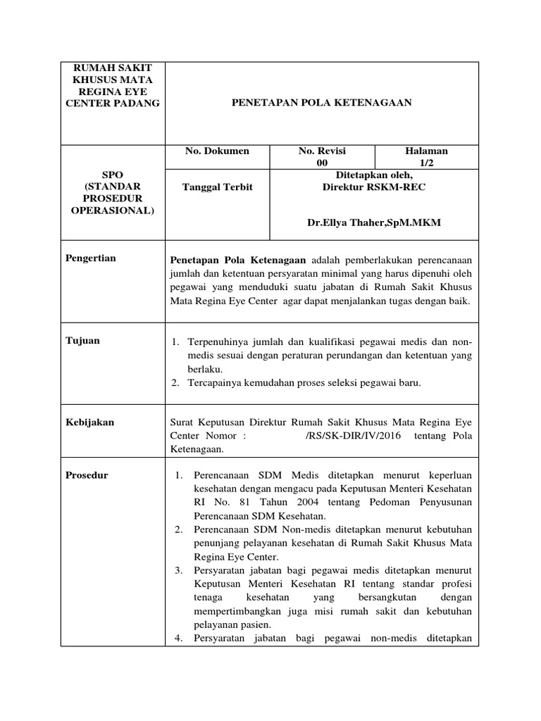 SPO Penetapan Pola Ketenagaan RS | PDF