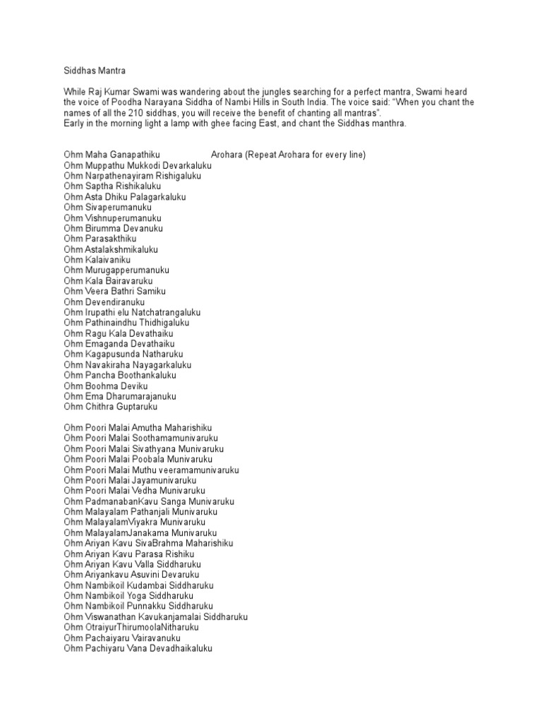 Siddhas Mantra and Names of 18 Siddhars | PDF | Hindu Prayer And ...