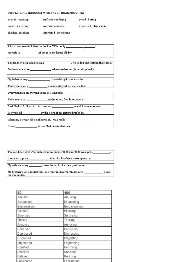 Adjectives ED ING Worksheet | PDF | Leisure