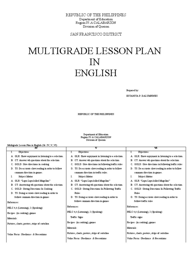 Multi Grade Lesson Plan in English | PDF | Traffic | Cebu