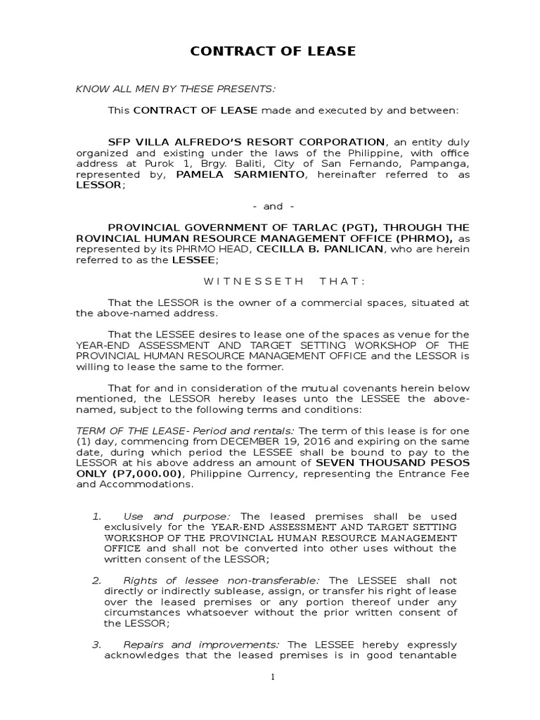 CONTRACT of LEASE.commercial Stall | Lease | Property
