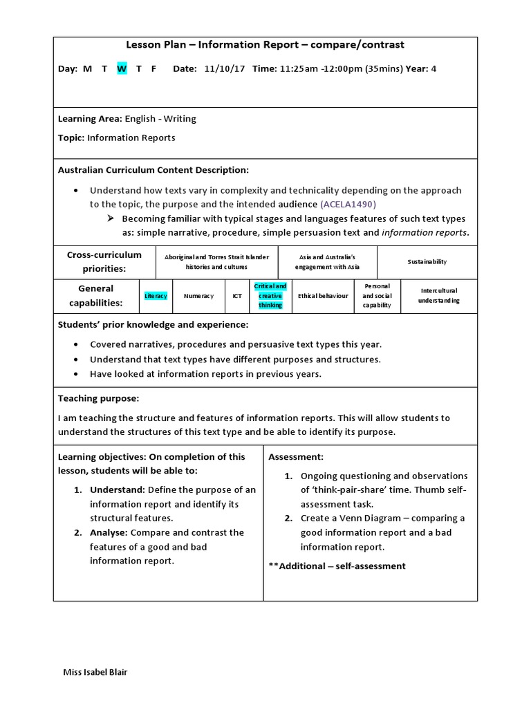Year 4 - Information Report Compare and Contrast | PDF | Lesson Plan ...