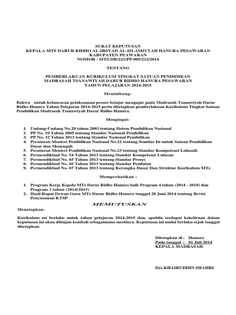 SK Pemberlakuan Kurikulum | PDF