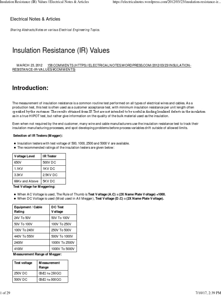 Insulation Resistance (IR) Values - Electrical Notes & Articles | PDF ...