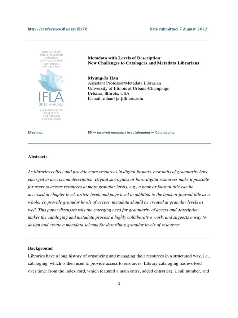 Metadata With Levels of Description: New Challenges To Catalogers and ...
