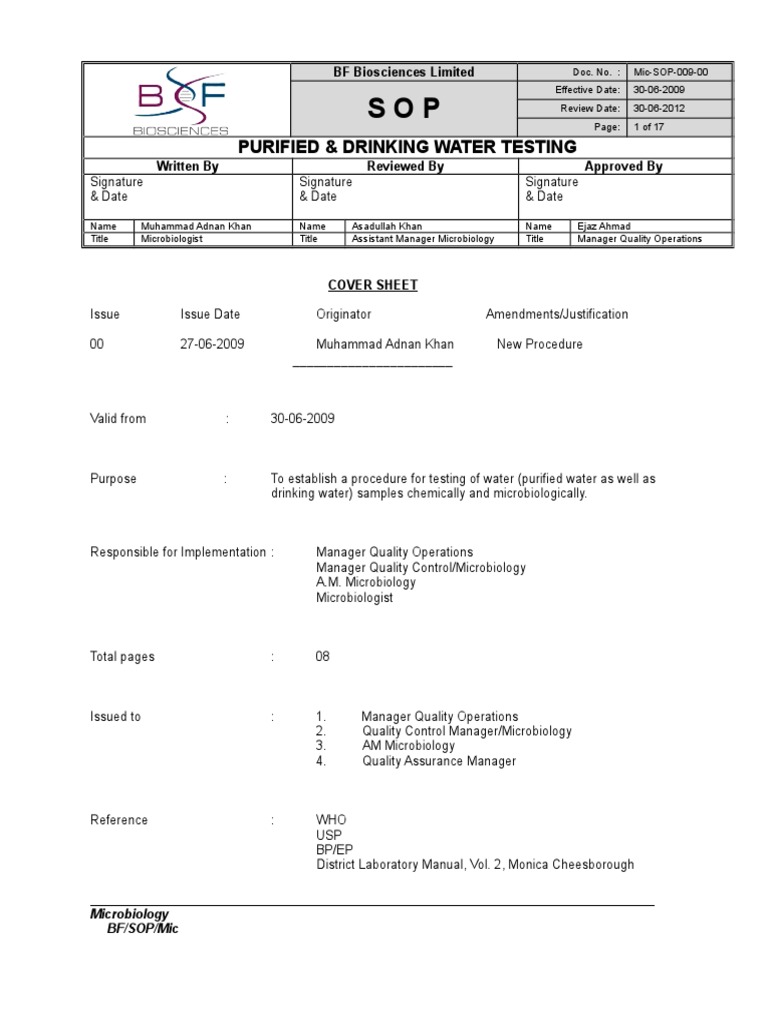 SOP of Water Testing | PDF | Colony Forming Unit | Agar