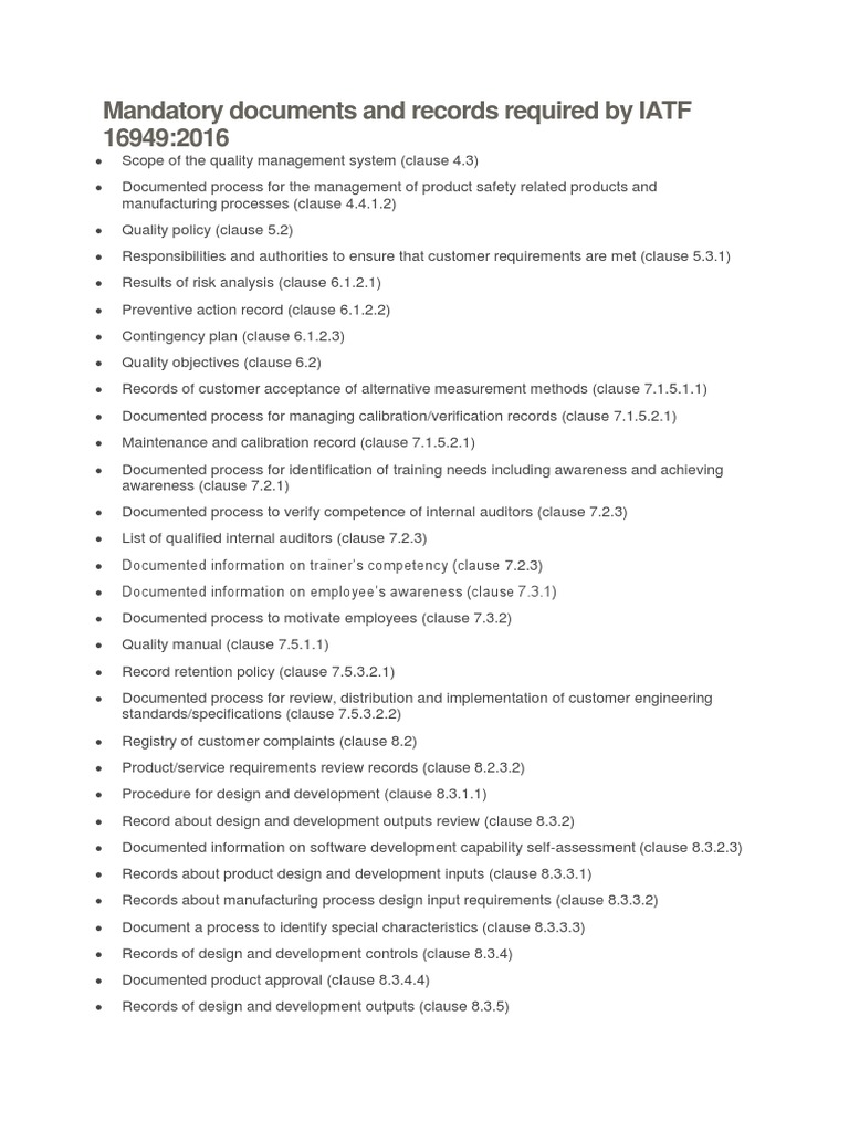 Mandatory Documents and Records Required by IATF 16949 | PDF | Software Development | Business